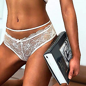 Women's Lace Patchwork Panties See Through Briefs Bowknot Soft Lingerie Criss Cross Invisible Panty Sexy Nightwear White