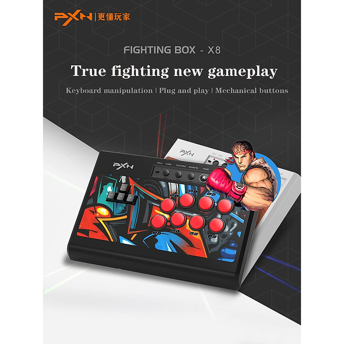 PXN-X8 Arcade Fight Stick Mechanical direction button controller with TURBO Macro Functions Plug and play Arcade Fighting For PC, PS3, PS4, Xbox One Xbox Series X/S Android TV Box, N-Switch