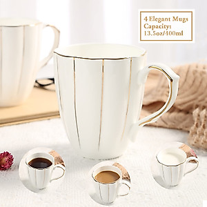 DUJUST Coffee Mug Set of 4(13.5oz), Luxury British Design with Handcrafted Golden Trims, 1st-Class Bone-china White and Gold Cup Set for Coffee, Tea&Milk, Beautiful&Graceful Top Fine Porcelain Cups