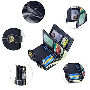 Wallets for Women Small Bifold RFID Blocking Genuine Leather Wallet Vintage Zipper Short Card Holder Ladies Purse Elegant Clutch with ID Window (Dark Blue)