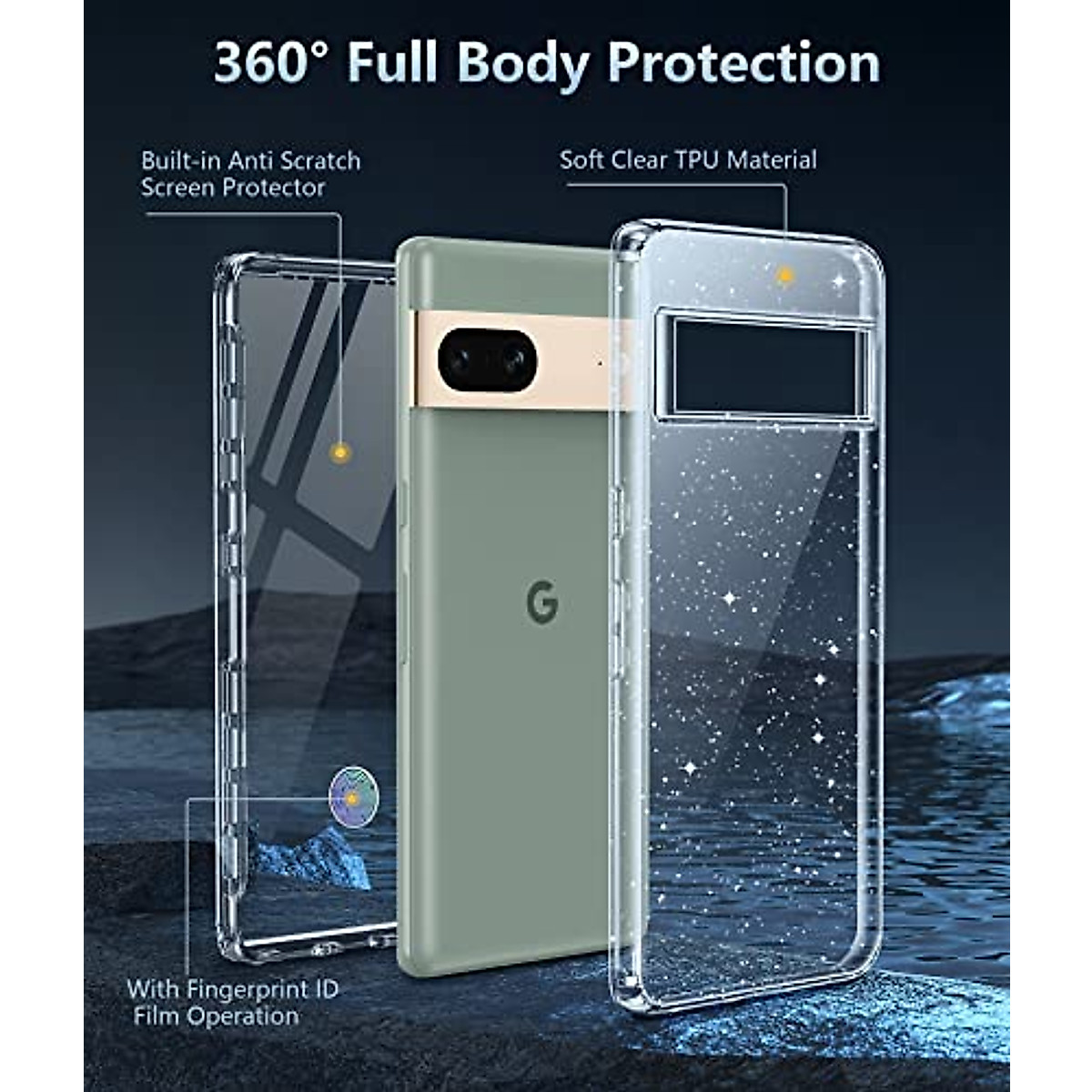 PUJUE for Google Pixel-7 Phone Case: Sparkly Clear Pixel 7 Silicone Protective Shockproof Cell Cover - Clear Cell Cases with Screen Protector - Full Protection Rubber Phone Cases