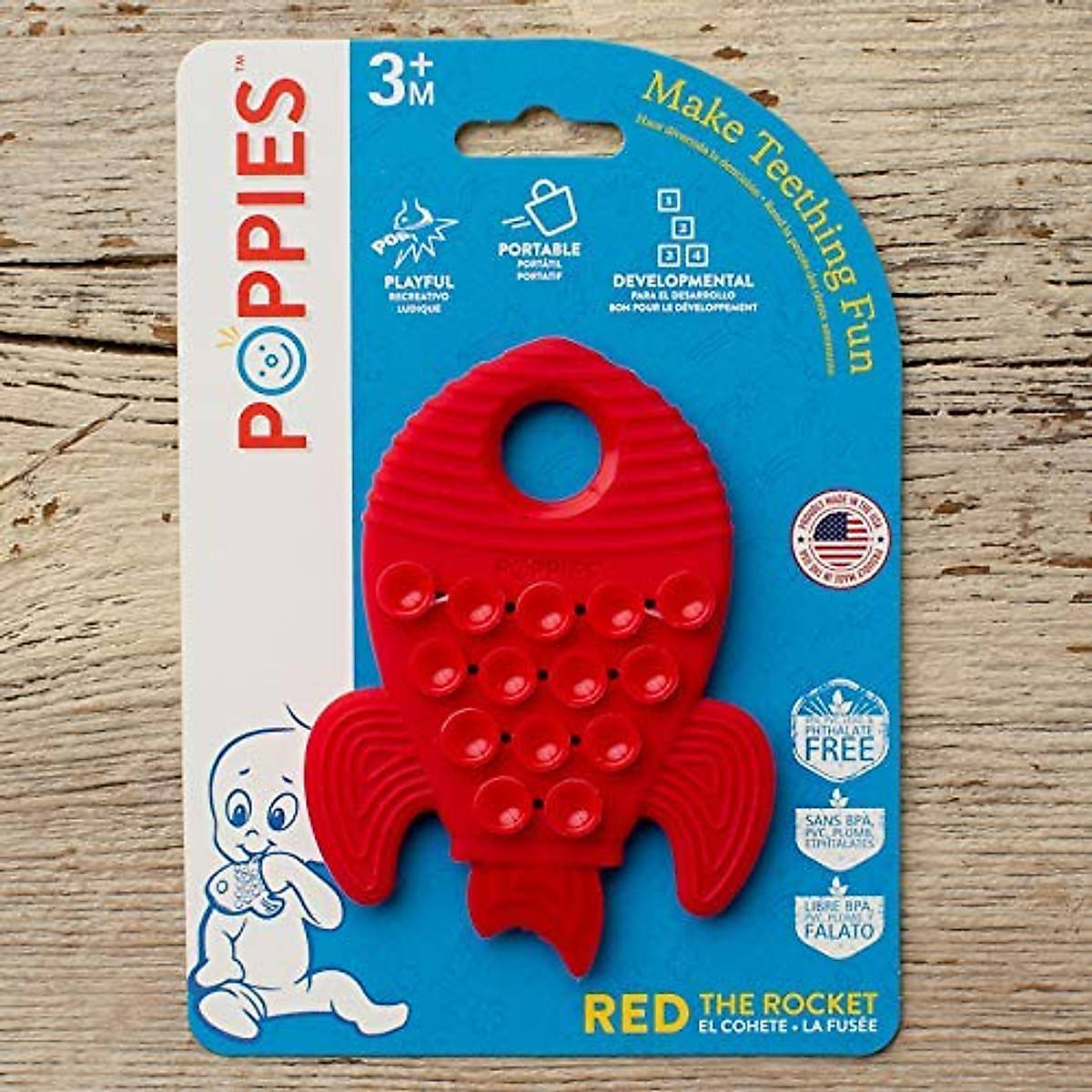 POPPIES Red The Rocket BPA-Free Silicone Suction Cup Teether, Sensory, Bath Toy