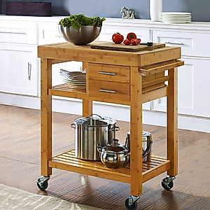 Home Aesthetics Rolling Kitchen Island Cart with Drawers Shelves, Towel Rack, Locking Casters, Butcher Block Food Prepping Cart Trolley on Wheels, Bamboo Wood