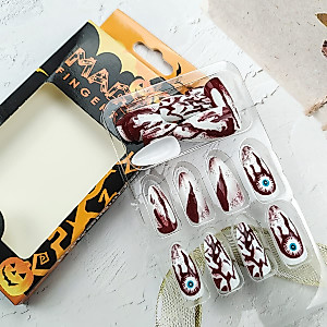 Day of the Dead Press on Nails Medium Length Halloween Fake Nails Almond False Nail with Design Halloween Horror Red Eyeball Artificial Nails Press On Full Cover Nail Tips 24Pcs