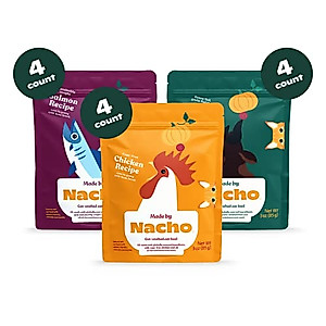 Made by Nacho Wet Cat Food Variety Pack, Cage-Free Chicken, Sustainably Caught Salmon, Grass-Fed Beef with Bone Broth for Extra Hydration, (12) 3 oz Pouches