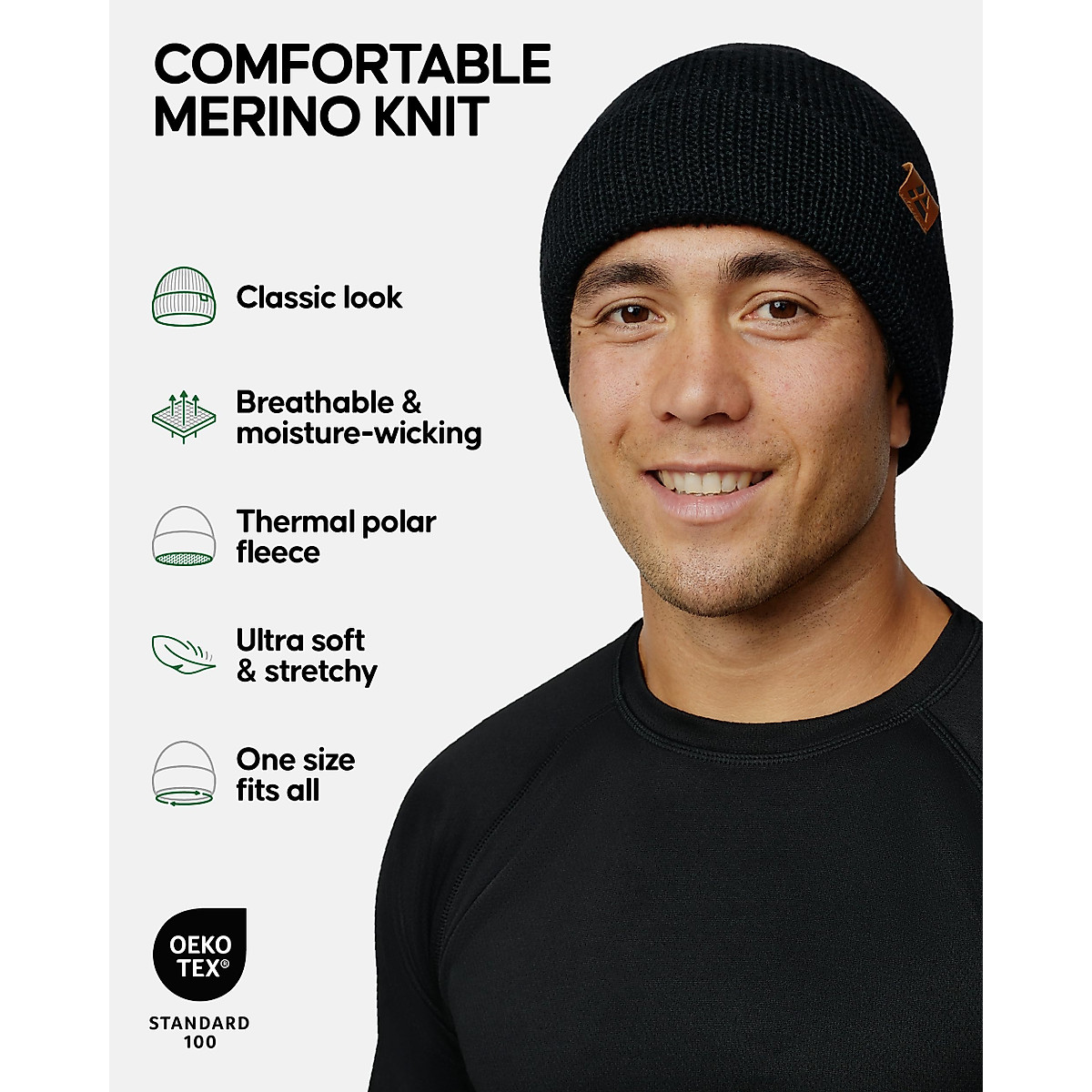 DANISH ENDURANCE Polar Fleece Merino Beanie Adult 1-Pack One Size Black 1-Pack