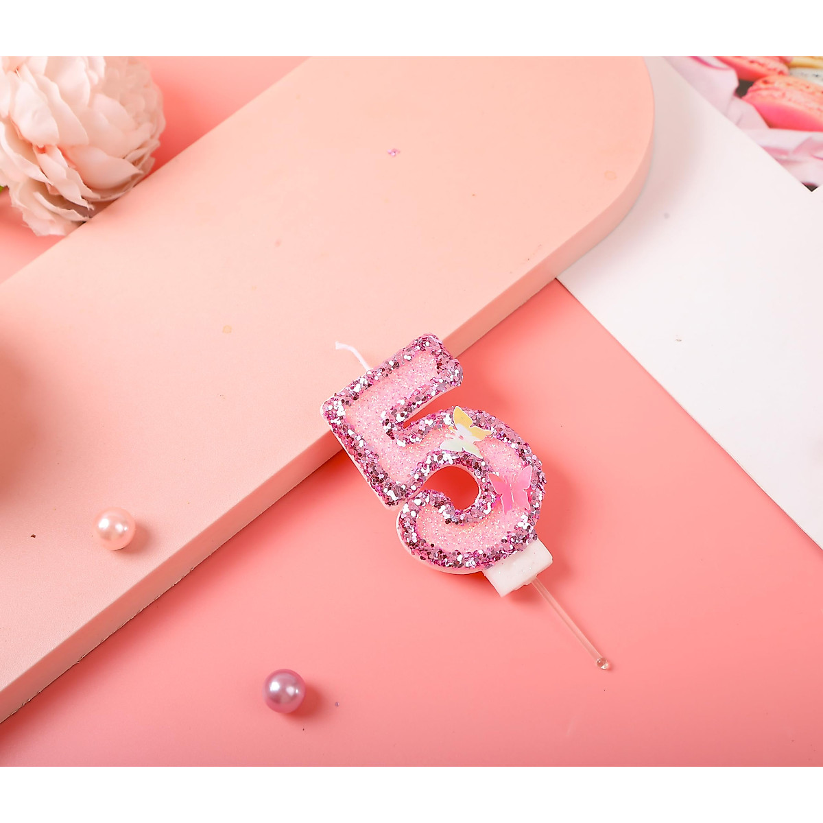 Kinsynko 5 Birthday Candle 5 Years Old Girl Pink Sequins Number 5 Candle with 3D Cute Butterfly for Princess Kids 5th Birthday Butterfly Theme Party Decorations…