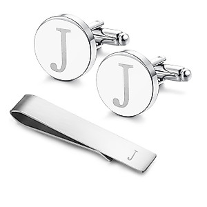 LOYALLOOK Classic Engraved Initial Cufflinks and Tie Clip Bar Set Alphabet Letter Formal Business Wedding Shirts J