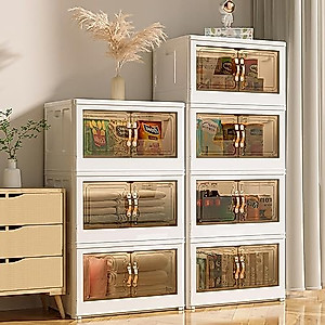 MQmaiqing Storage Box,Stackable Storage Bins,Magnetic Door Stackable Storage Bins With Lids, Electroplated Handle Plastic Storage Bins, 1 Pack Foldable Box