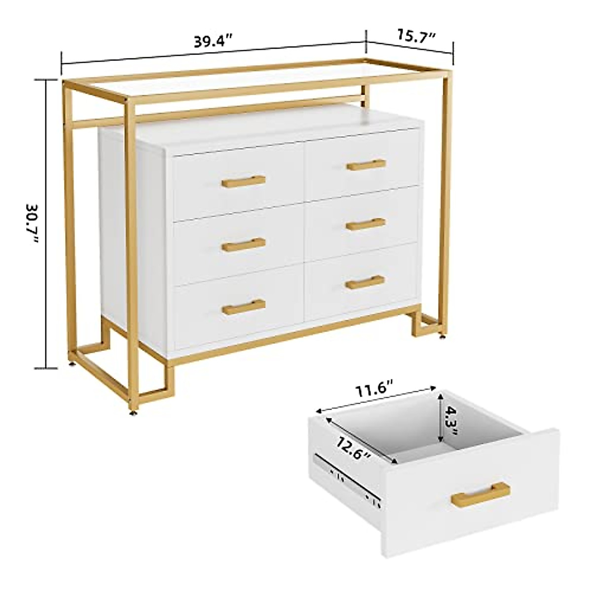 Senfot 6 Drawer Dresser, Wood Dresser Chest with Wide Storage Space, Steel Frame & Tempered Glass Top, Storage Tower Clothes Organizer, Large Storage Cabinet for Bedroom, Living Room