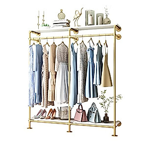 IronJiaZu Gold Pipe Clothes Racks with 2 Shelves, Industrial Pipe Gold Clothing Rack with Double Hanging Rods, Heavy Duty Wall Mounted Clothing Rack Rod for Closet Storage, Bedroom