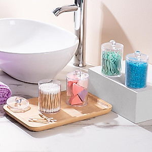 XIPENGKEJI 4 Pack Qtip Holder, Apothecary Jars Cotton Ball Holder Dispenser, Bathroom Jars with Lids Set for Cotton Round, Cotton Swab, 10oz Plastic Canisters Restroom Bedroom Vanity Organizer (Clear)