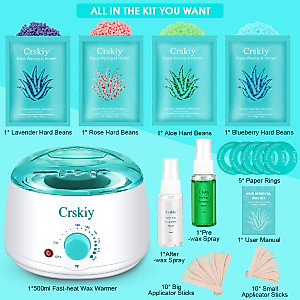 Crskiy Wax Warmer Hair Removal Kit for Women and Men with 4 Flavors Hard Wax Beans (14.1oz), Multiple Formulas for Coarse Hair, Eyebrow, Armpit, Bikini, and Brazilian Waxing