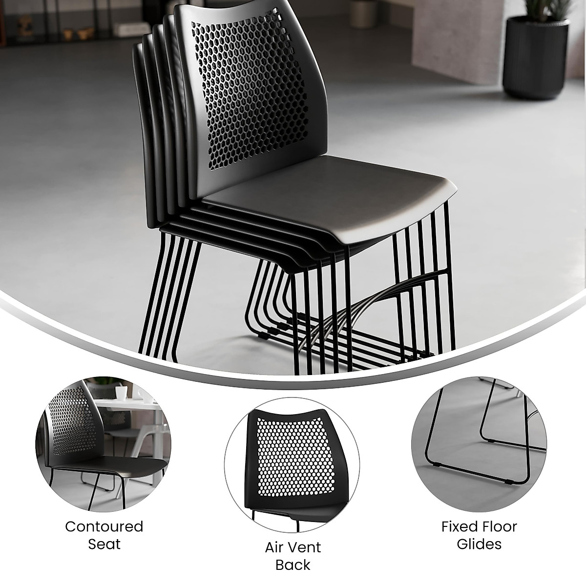 Flash Furniture 5 Pack HERCULES Series 661 lb. Capacity Black Stack Chair with Air-Vent Back and Black Powder Coated Sled Base