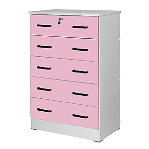 Better Home Products Cindy 5 Drawer Chest Wooden Dresser with Lock in Pink