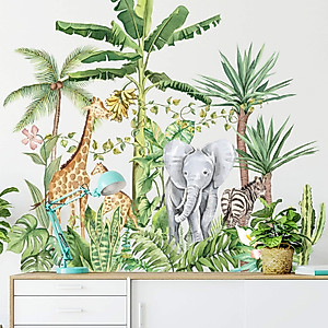 Tropical Rainforest Animals Plants Wall Stickers, AUHOKY Removable Cartoon Elephant Giraffe Nordic Plant Wallpaper Decor, Peel and Stick Art Murals for Kids Bedroom Background Nursery Home Decorations