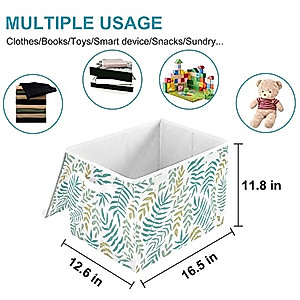 CaTaKu Tropical Leafs Storage Bins with Lids and Handles, Fabric Large Storage Container Cube Basket with Lid Decorative Storage Boxes for Organizing Clothes