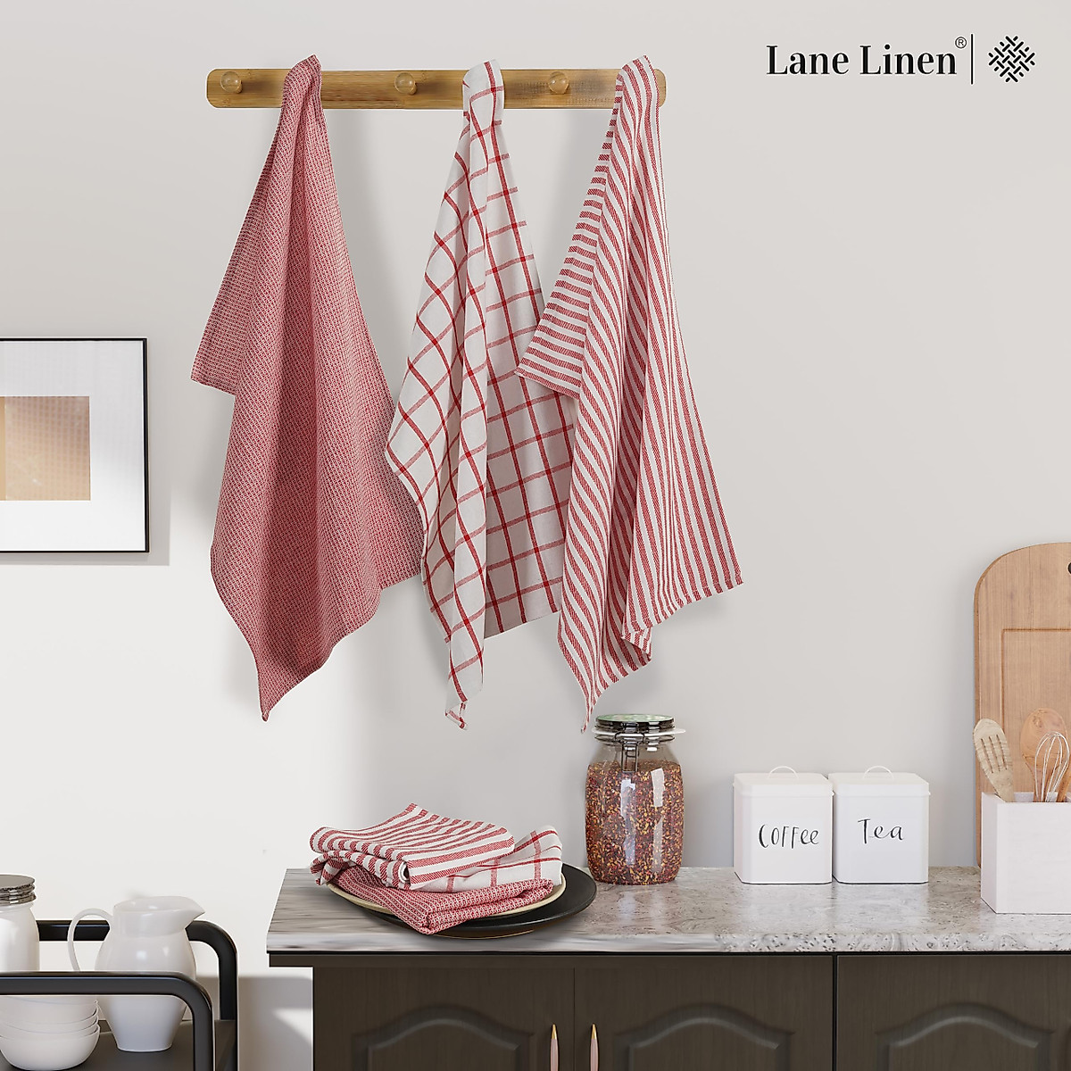 LANE LINEN Kitchen Towels Set - Pack of 6 100% Cotton Dish Towels for Drying Dishes, 18”x 28”, Kitchen Hand Towels, Absorbent Tea Towels, Premium Dish Towels for Kitchen, Quick Drying - Red