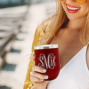 Custom Personalized Vine Monogram Powder Coated 12 oz Insulated Wine Tumbler - Monogrammed for Wife, Her, Women, Mom (Maroon)