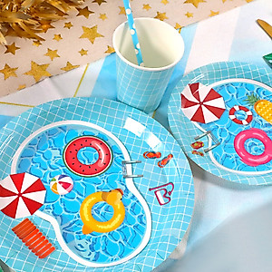 Pool Party Supplies Decorations, Disposable Summer Kids Birthday Paper Plates and Napkins Set with Cups and Straws for 24 Guests, 120 Pcs Beach Party Dessert Dinnerwares