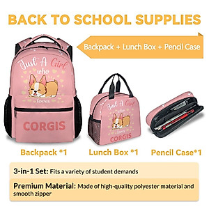 KNOWPHST Corgi Backpack with Lunch Box Set for Girls Boys, 3 in 1 Primary Middle School Backpacks Matching Combo, Large Capacity, Durable, Lightweight, Pink Bookbag and Pencil Case Bundle