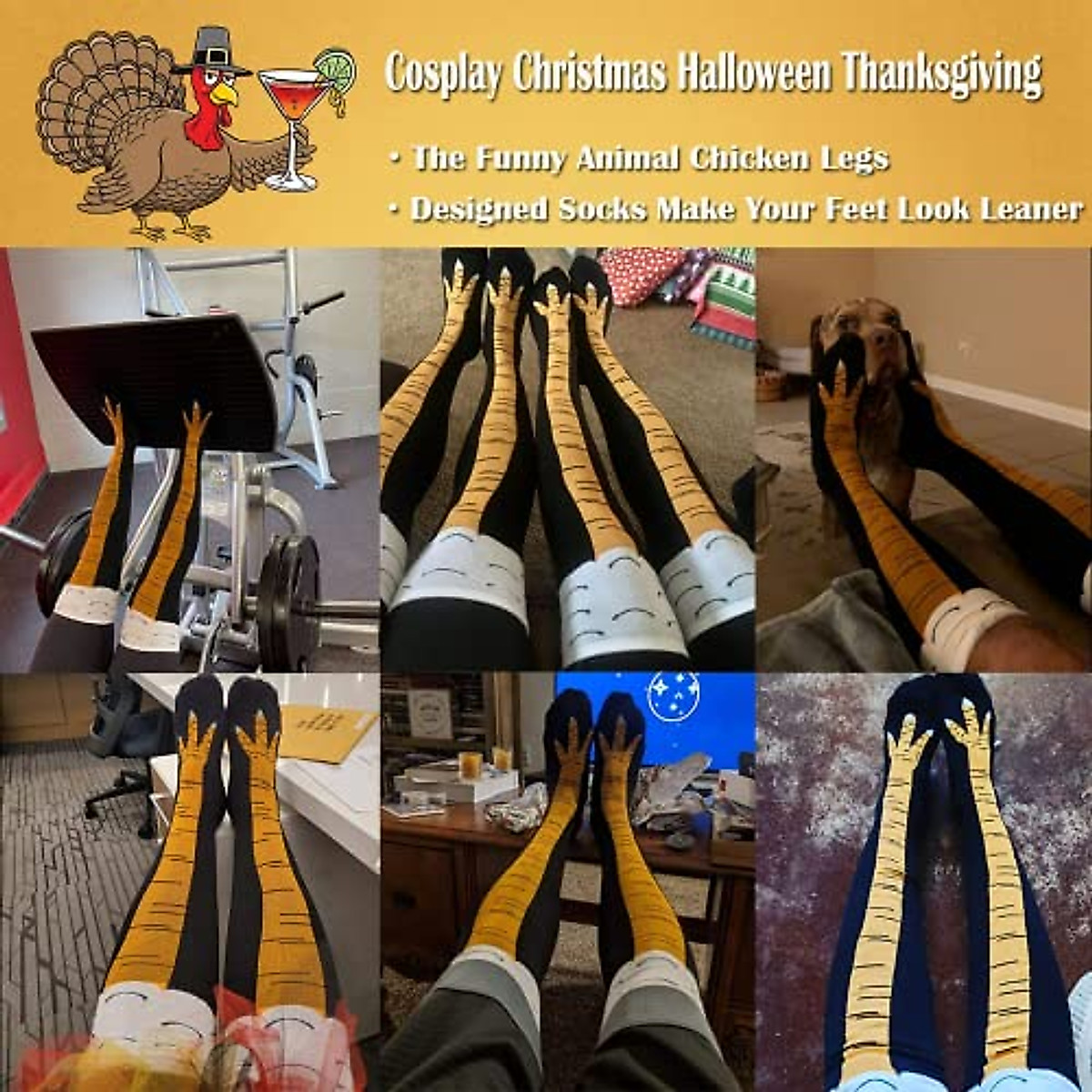 FITTEE Novelty Funny Crazy Chicken Feet Socks Knee-High Turkey Socks Funny Gifts (Yellow, Medium)