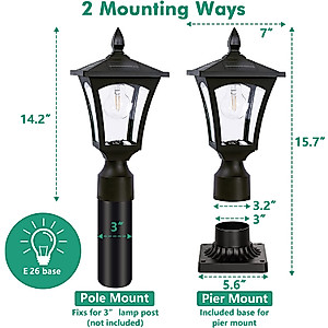 PASAMIC Solar Powered Black Pathway Light Fixture, 3000K Warm White, Weather Resistant, Energy Saving, IP44 Waterproof, 60 Lumens, 3" Standard Lamp Post or 5.6" Piers Included