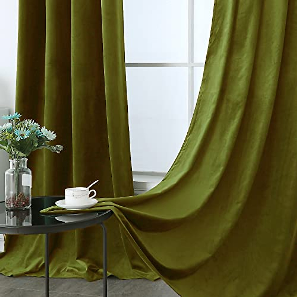Timepr Olive Green 90 inches - Luxury Soft Velvet Curtains Light Filtering Privacy Thermal Insulated Grommet Backdrops for Living Room/Dining/Sliding/Glass Door, W52 x L90, Olive Green, 2 Panels