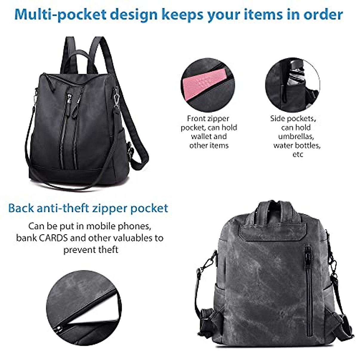 ROOSALANCE Zipper Women Backpack,Black Grey Backpack Purse Waterproof Anti-theft Leather Fashion Shoulder Bag Handbags Travel Ladies