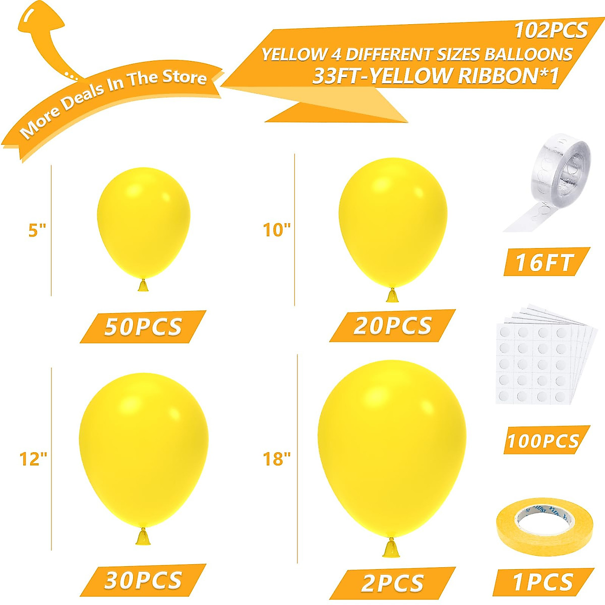 NISOCY Yellow Latex Balloon Arch Kit, 102PCS 18In 12In 10In 5In Yellow Balloons Arch Garland for Birthday, Baby Shower, Wedding, Sunflower, Honeybee Lemon,Yellow Theme Decoration with 33ft Ribbon