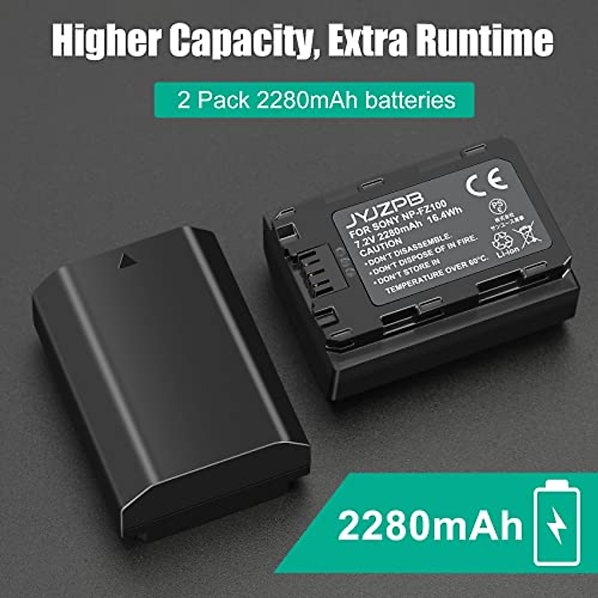 JYJZPB NP-FZ100 Battery Replacement and A7iii Battery Charger for Sony A7 III, Sony Alpha A7R III, A7R IV, A9, A6600, Alpha 9S, A7R3 A7S III, A7R III Battery, 2 Packs