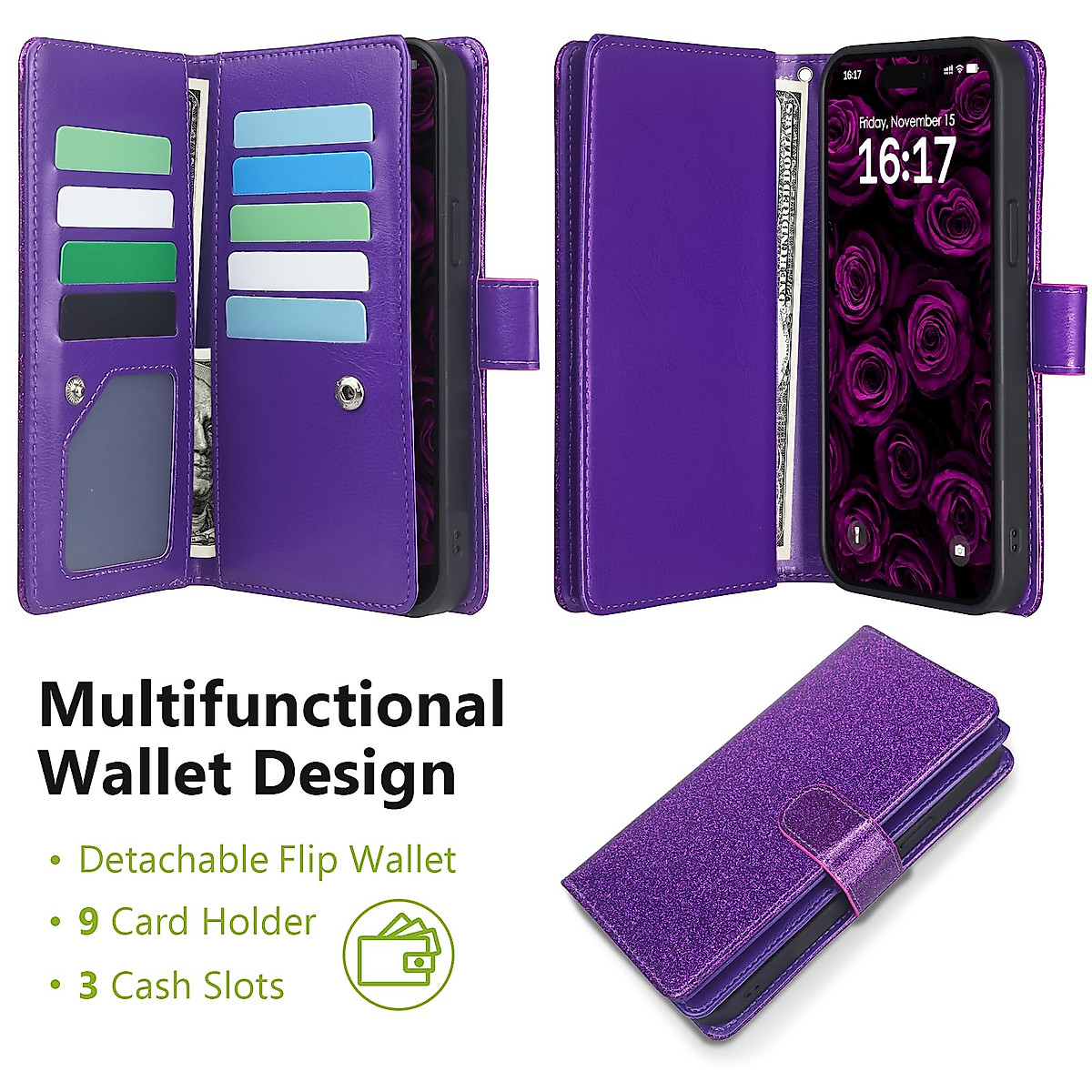 Varikke for iPhone 13 Wallet Case Detachable with Card Holder for Women, Fashion Glitter PU Leather Wrist Strap Strong Magnetic Flip Wallet Removable Phone Case Cover for iPhone 13 6.1", Dark Purple