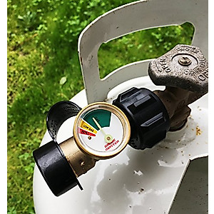 Premium Gauge Master Propane Tank Gauge Gas Meter - Cylinder Gas Level Indicator Adapter - Suitable for All BBQ Grill, RV Camper & Appliances - Type 1 Connection - Includes Cover Cap & Leak Detector