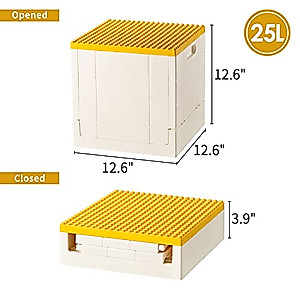 SHIMOYAMA Collapsible Duplo Storage Box, 2 Pack, 25L Storage Bins with Building Play Lid, 26 Qt. Foldable Organizer for Duplo Bricks, Yellow and Red