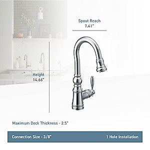 Moen S53004BG Weymouth Shepherd's Hook Pulldown Kitchen Bar Faucet Featuring Metal Wand with Power Clean, Brushed Gold