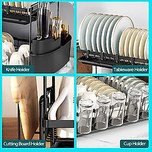 LEACHUTT Dish Drying Rack, 2 Tier Kitchen Dish Rack and Drainboard Set with Utensil, Cutlery and Cup Holder for Countertop, Large Rust-Proof Steel Dish Drainer for Plates, Mugs, Bowls, Knives, Black