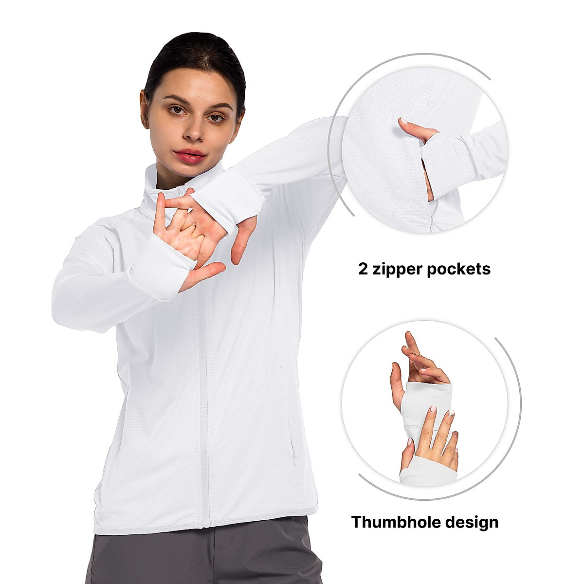 Women UPF 50+ UV Sun Protection Shirt Long Sleeve Golf Light Jacket SPF Hiking Running Shirts with Zip Pockets White XXL