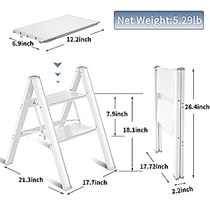 2 Step Ladder Folding Step Stool Auminum Portable Step Stools for Adults Wideing Anti-Slip Pedals Kitchen Step Stool for Home and Kitchen White 330 lb…