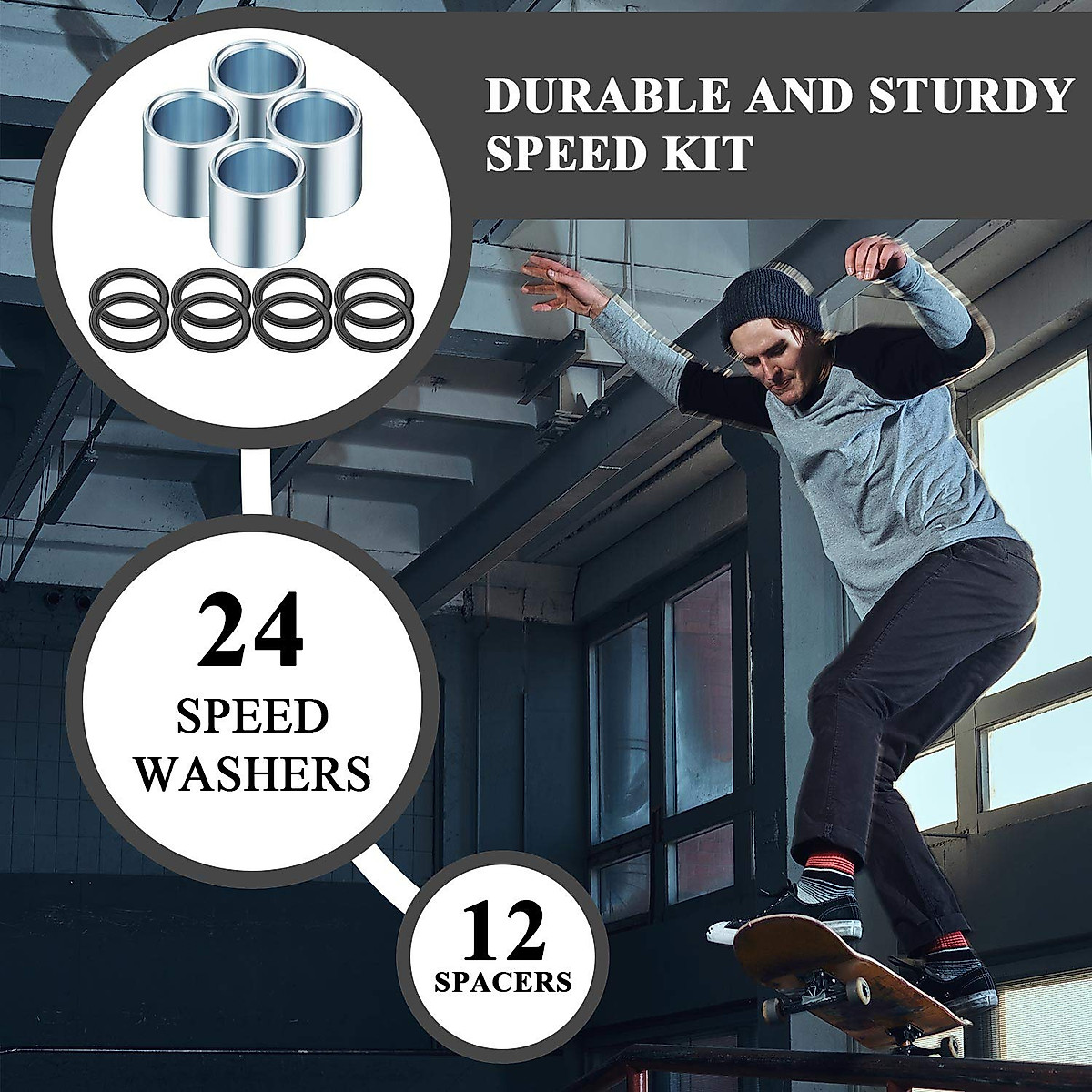 36 Pieces Bearing Spacers and Washers Skateboard Hardware Kit for Most Skateboard Trucks and Longboards (24 Washers, 12 Spacers)