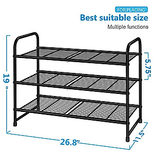 Simple Trending 3-Tier Stackable Shoe Rack, Expandable & Adjustable Shoe Shelf Storage Organizer, Wire Grid, Black