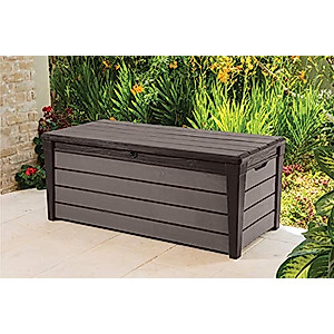 Keter Brushwood 120 Gallon Resin Large Deck Box for Patio Garden Furniture, Outdoor Cushion Storage, Pool Accessories, and Toys, Brown