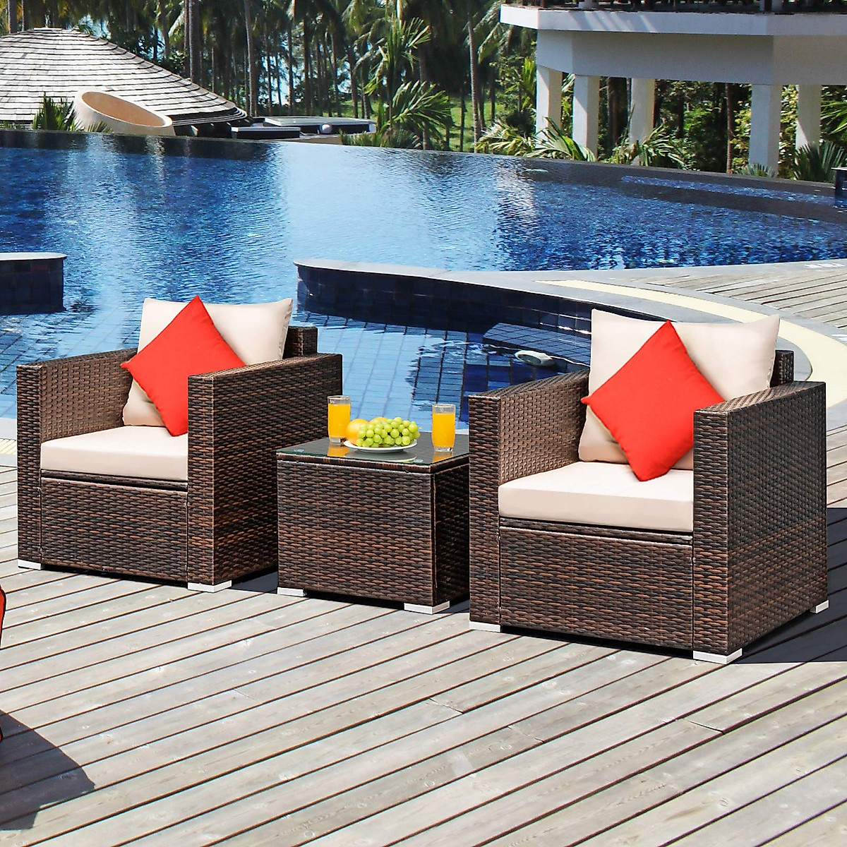 Tangkula 3 Pieces Patio Furniture Set, Outdoor Conversation Rattan Furniture Set w/Washable Cushion and Tempered Glass Tabletop, PE Rattan Wicker Sofa Set for Garden Poolside Balcony