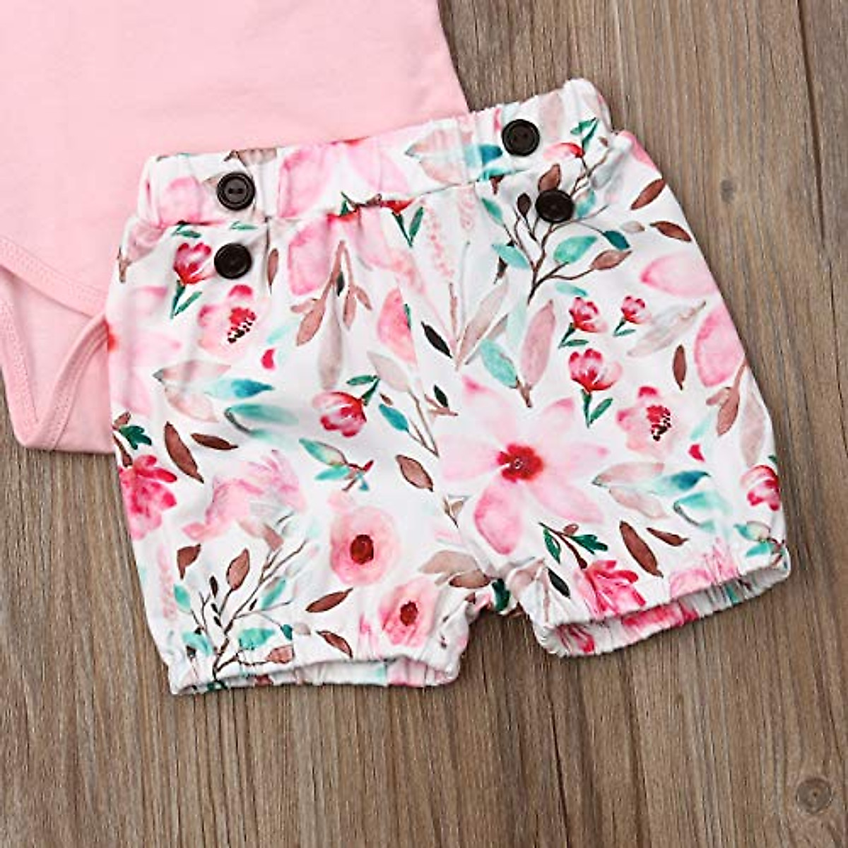 Multitrust Newborn Baby Girl Cotton Ruffled Short Sleeve Bodysuit Tops + Floral Shorts Baby Girl Clothes Set (A3 Pink, 12-18M)