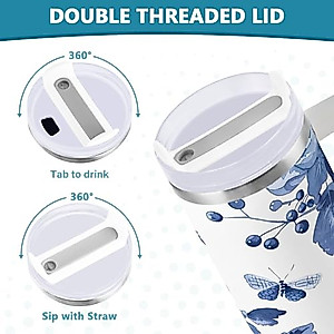 RPLIFE Blue and White Floral Tumbler with Handle and Straw, Stainless Water Bottle, Insulated Cups with Lids, Tumbler for Men