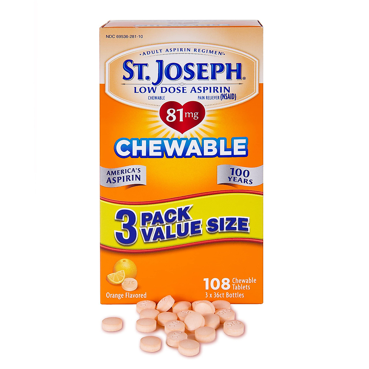 St. Joseph Aspirin Pain Reliever, Chewable Flavored, Low Dose, Orange, 108 Count (69536-181-15)