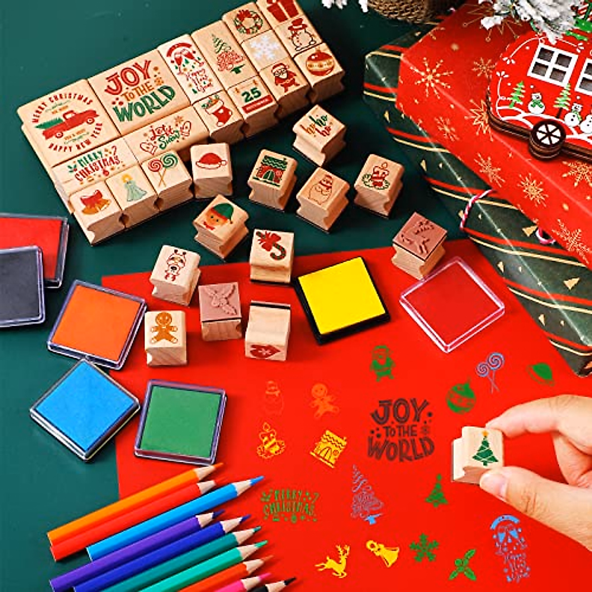 48 Pieces Christmas Stamps for Kids Wooden Rubber Stamps with Ink Pad Colored Pencil Ink Pad Colouring Pencil Art Supplies Set for DIY Party Favor Gift (Lovely Style)