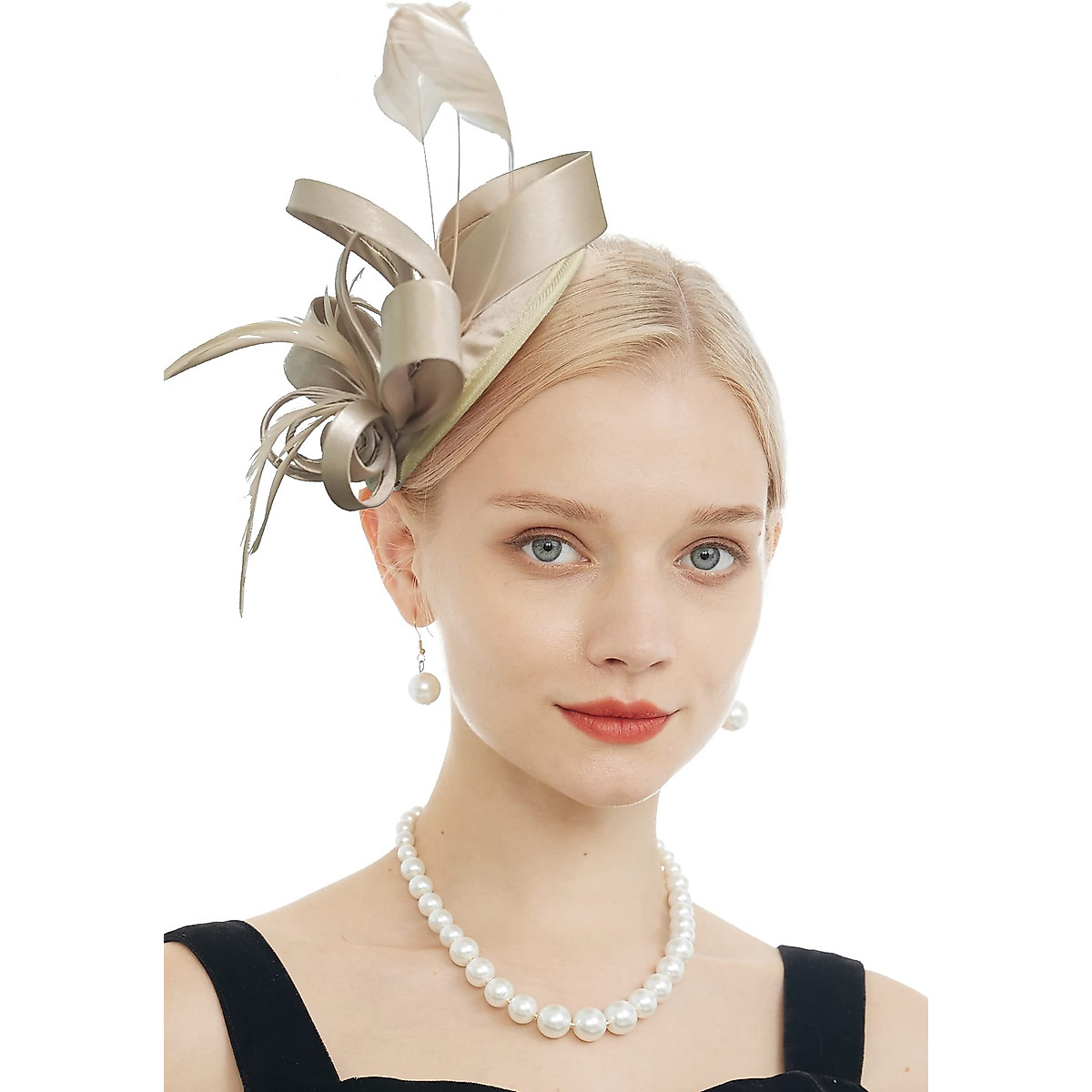 Fascinator Hats For Women Feather Cocktail Party Hats Bridal Kentucky Derby Headband (Light Khaki)