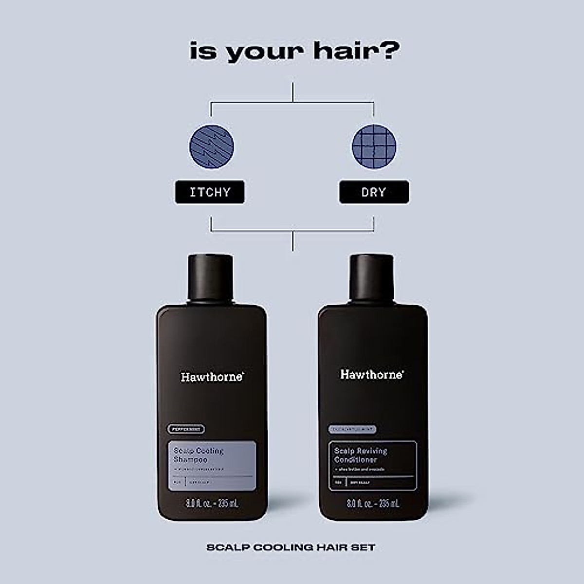 Hawthorne Men's Scalp Cooling Shampoo and Conditioner Hair Set. For Dry and Itchy Scalp. Includes Scalp Cooling Shampoo and Scalp Reviving Conditioner. Sulfate Free, Paraben Free. 8 Fl Oz Each.