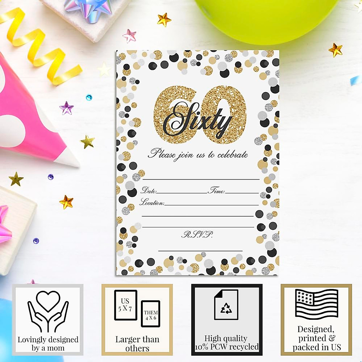 Confetti Polka Dot 60th Birthday Party Invitations, 20 5x7 Fill In Cards with Twenty White Envelopes by AmandaCreation