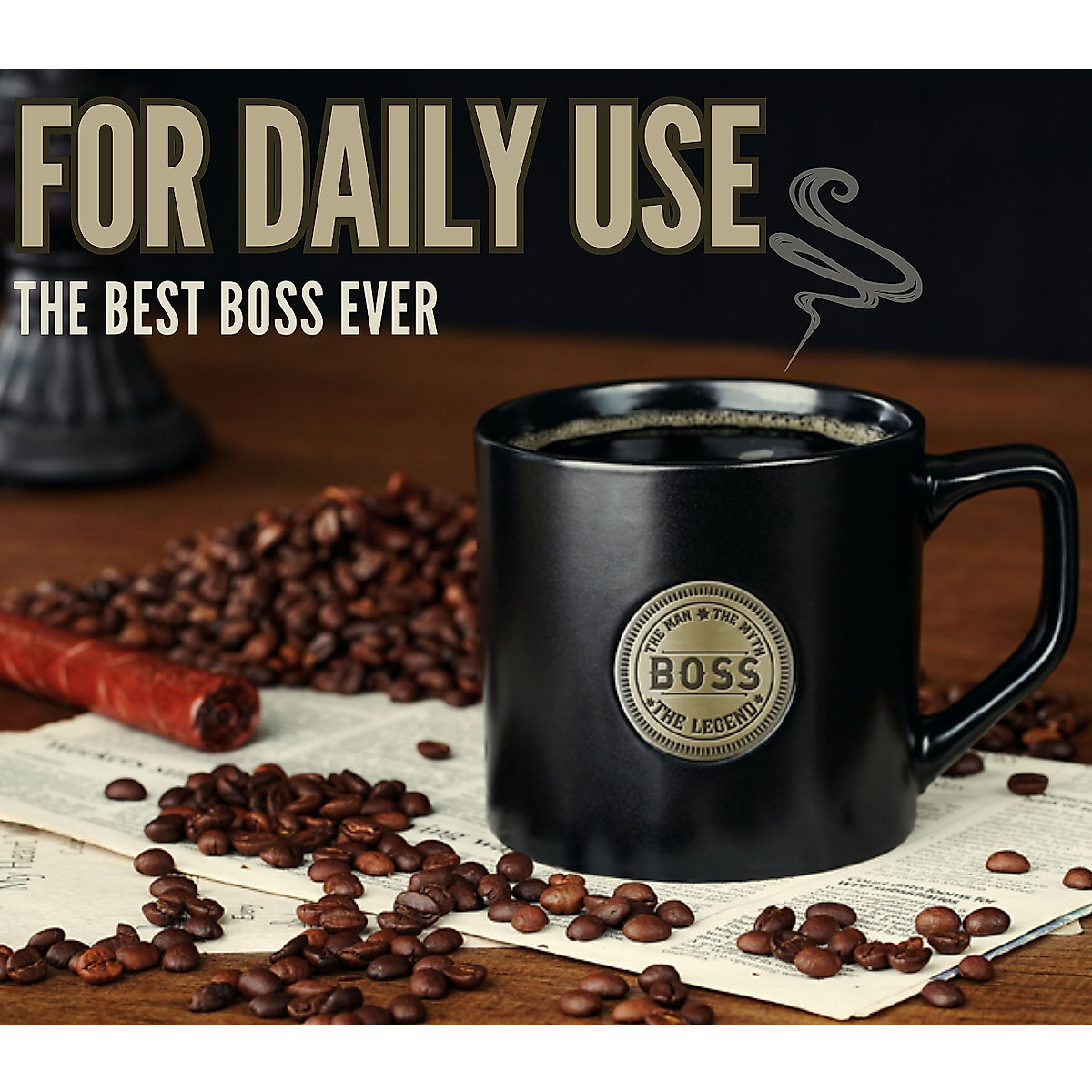Onebttl Boss Gifts Coffee Mug for Men, Ceramic Mug with Golden Badge, 15oz/450ml Mug for Boss Day, Christmas, Retirement - Man Myth Legend
